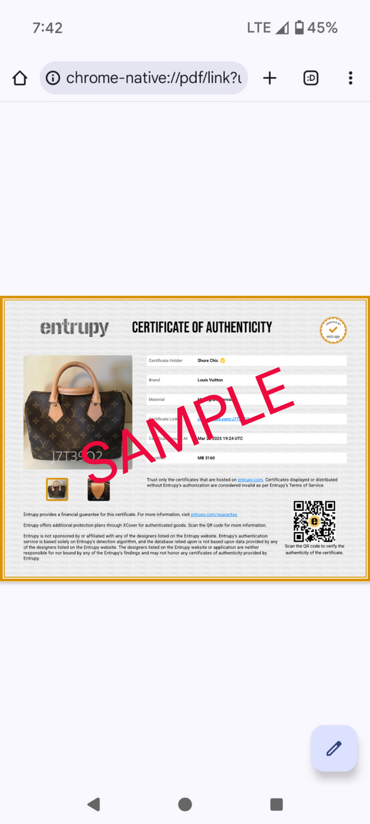 CERTIFICATE OF AUTHENTICITY - LOUIS VUITTON, GUCCI, YSL, PRADA – Shore Chic